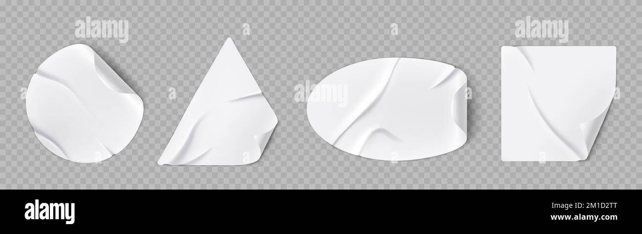 White stickers with curl corners and wrinkles. Peeling off sticky notes ...