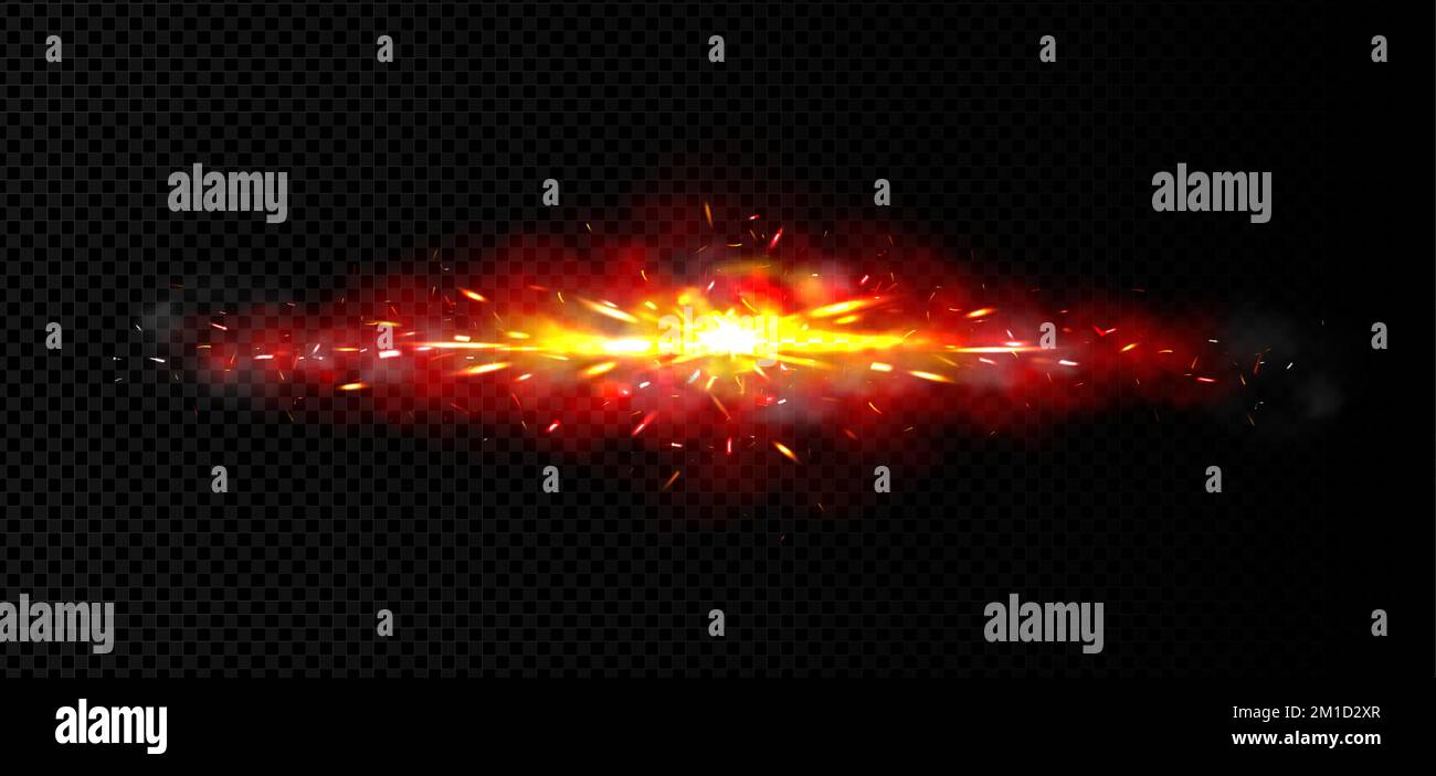 Explosion effect with fire, sparks and smoke. Burst with bright yellow ...