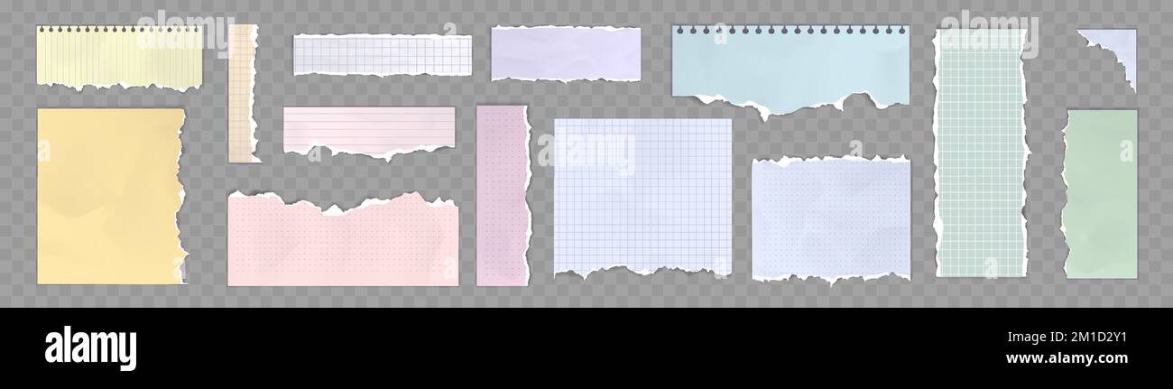 Torn paper sheets, colorful notebook pages with ragged edges. Blank and ...