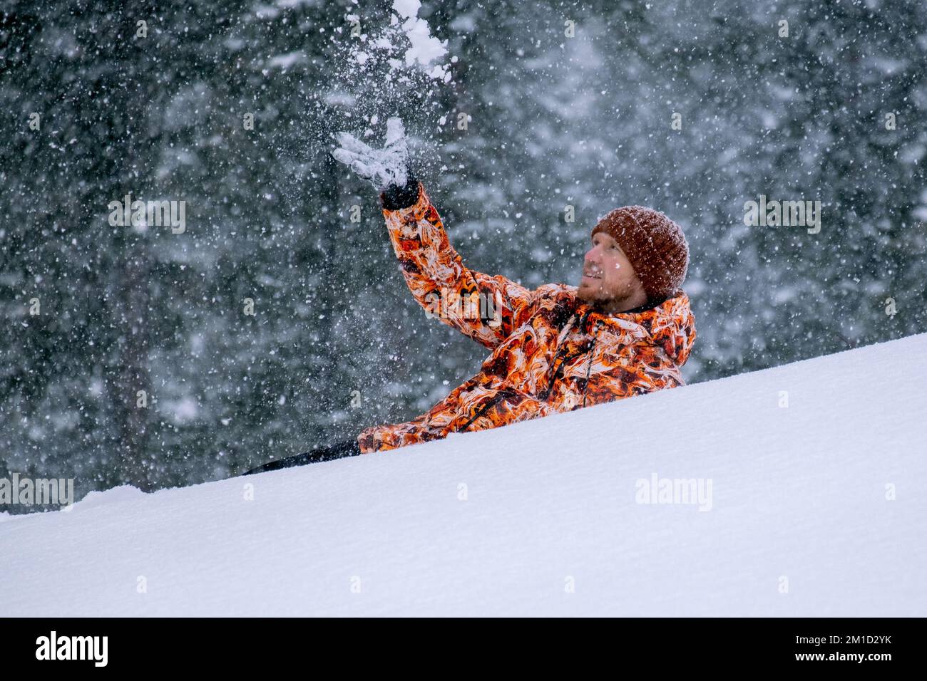 A man is drowning in snowdrifts. Snowstorm in the middle of the forest ...