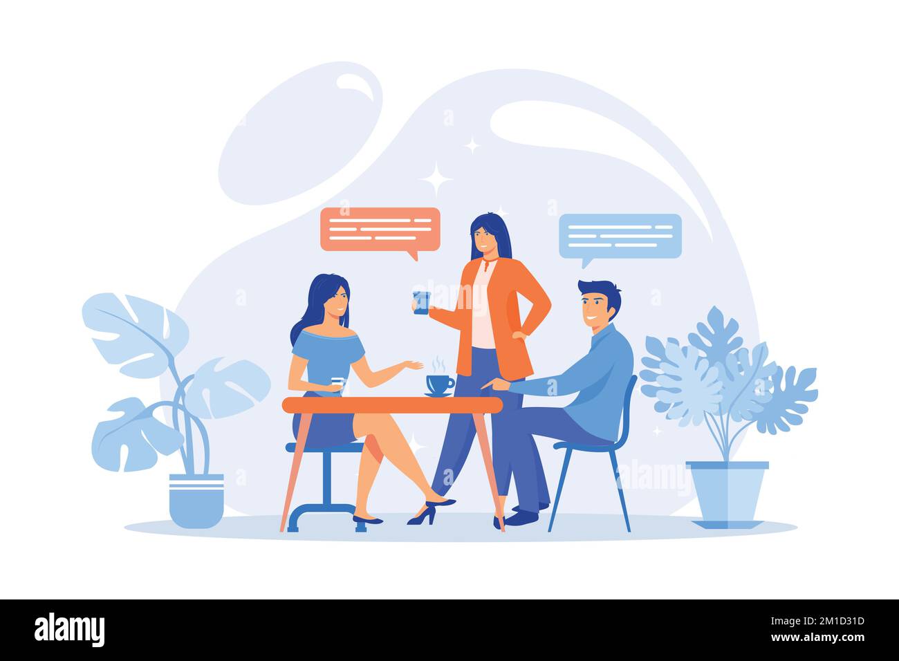 Group of friends sitting at the table talking, drinking coffee and tea ...