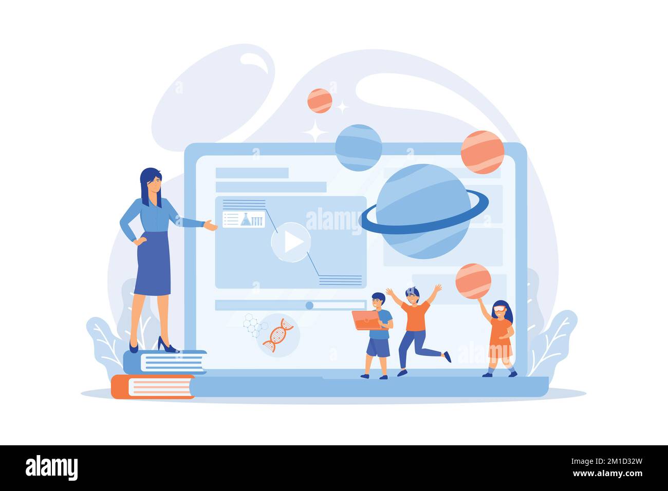 Futuristic classroom, little children study with high tech equipment ...