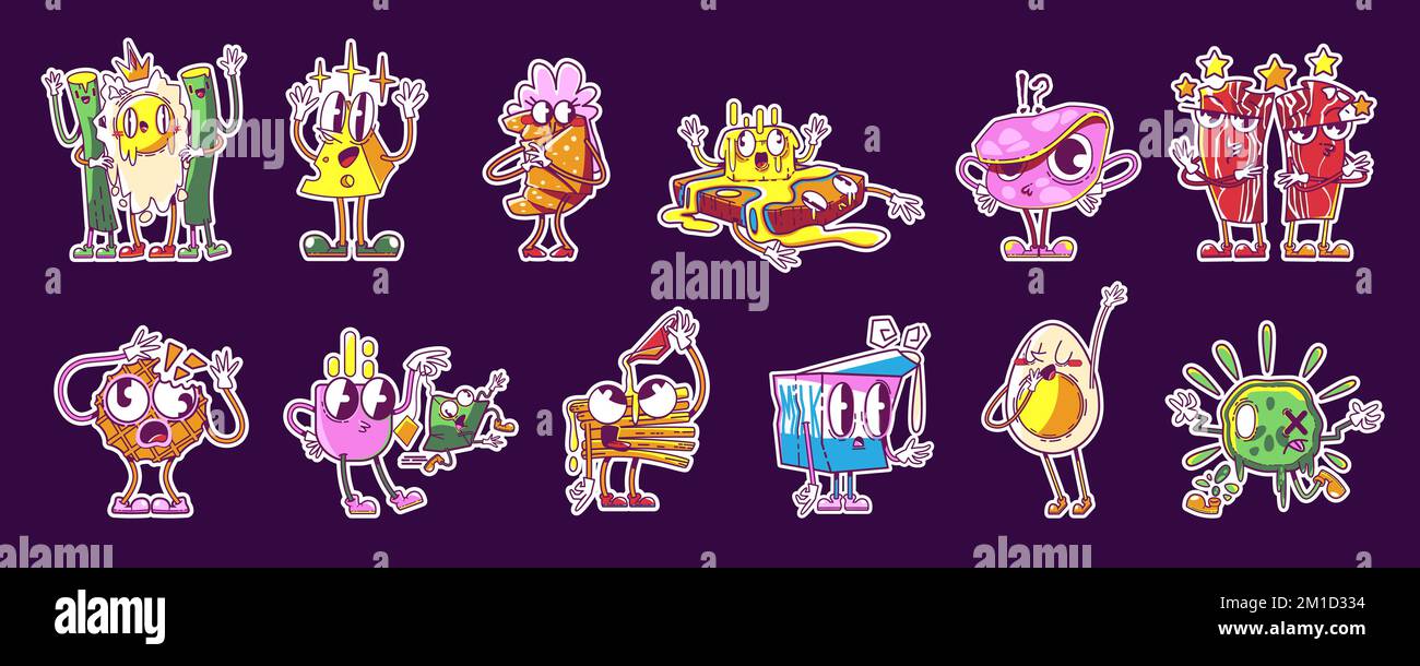 Retro stickers of food, cute breakfast characters in y2k style. Vintage ...