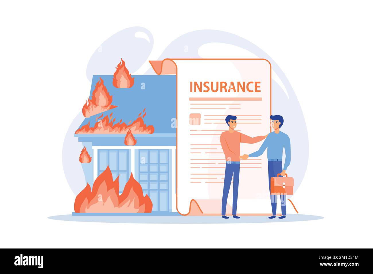 Burn house, flaming building. Insurance agent and customer flat ...