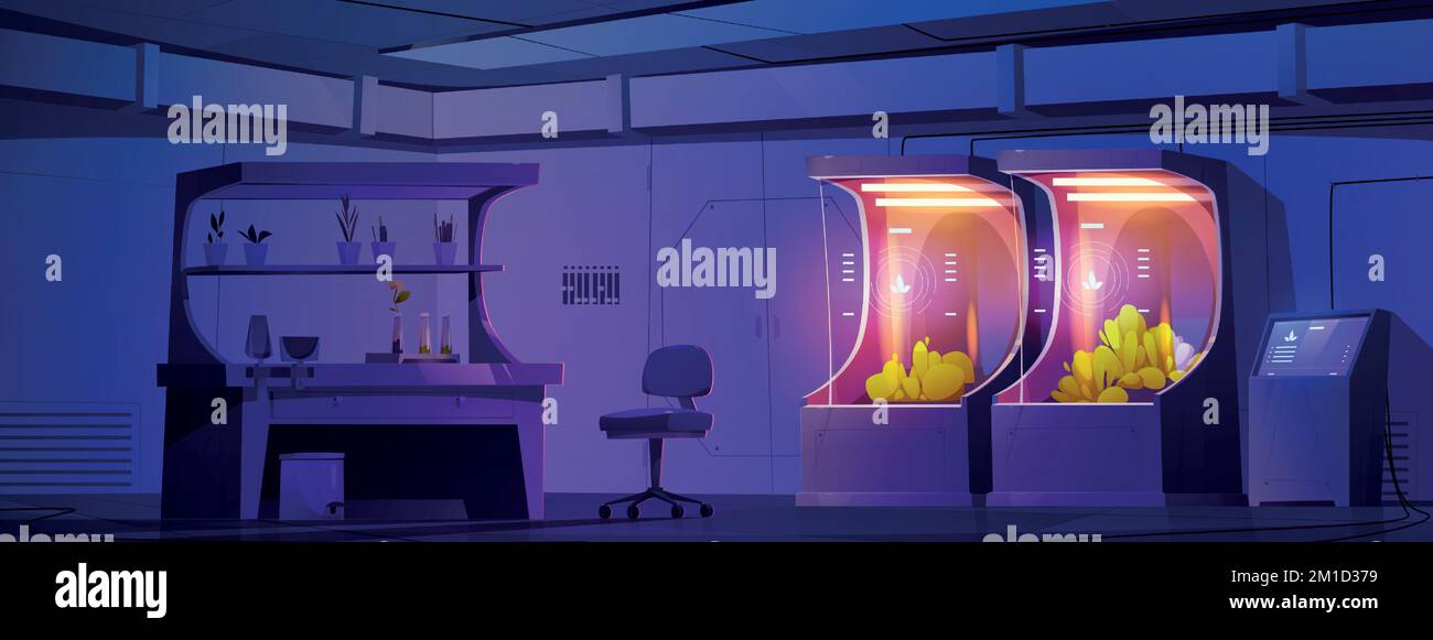 Night laboratory interior with plants growing equipment. Futuristic ...