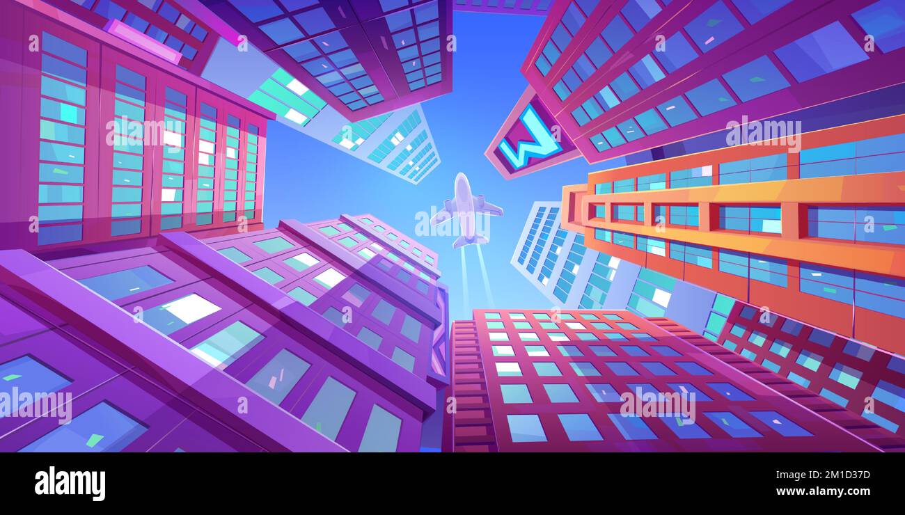 Airplane flying over skyscrapers low angle view against blue sky ...