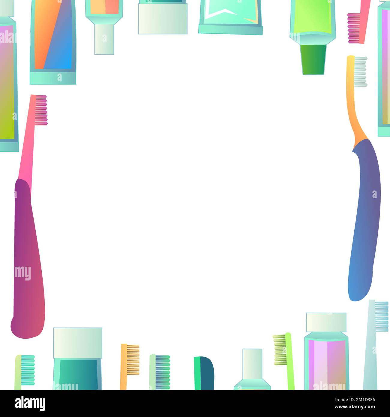 Tubes of toothpaste and toothbrushes picture frame around edge of ...