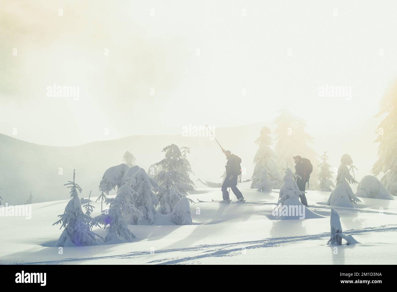 Travelers moving over snow on skis landscape photo Stock Photo - Alamy