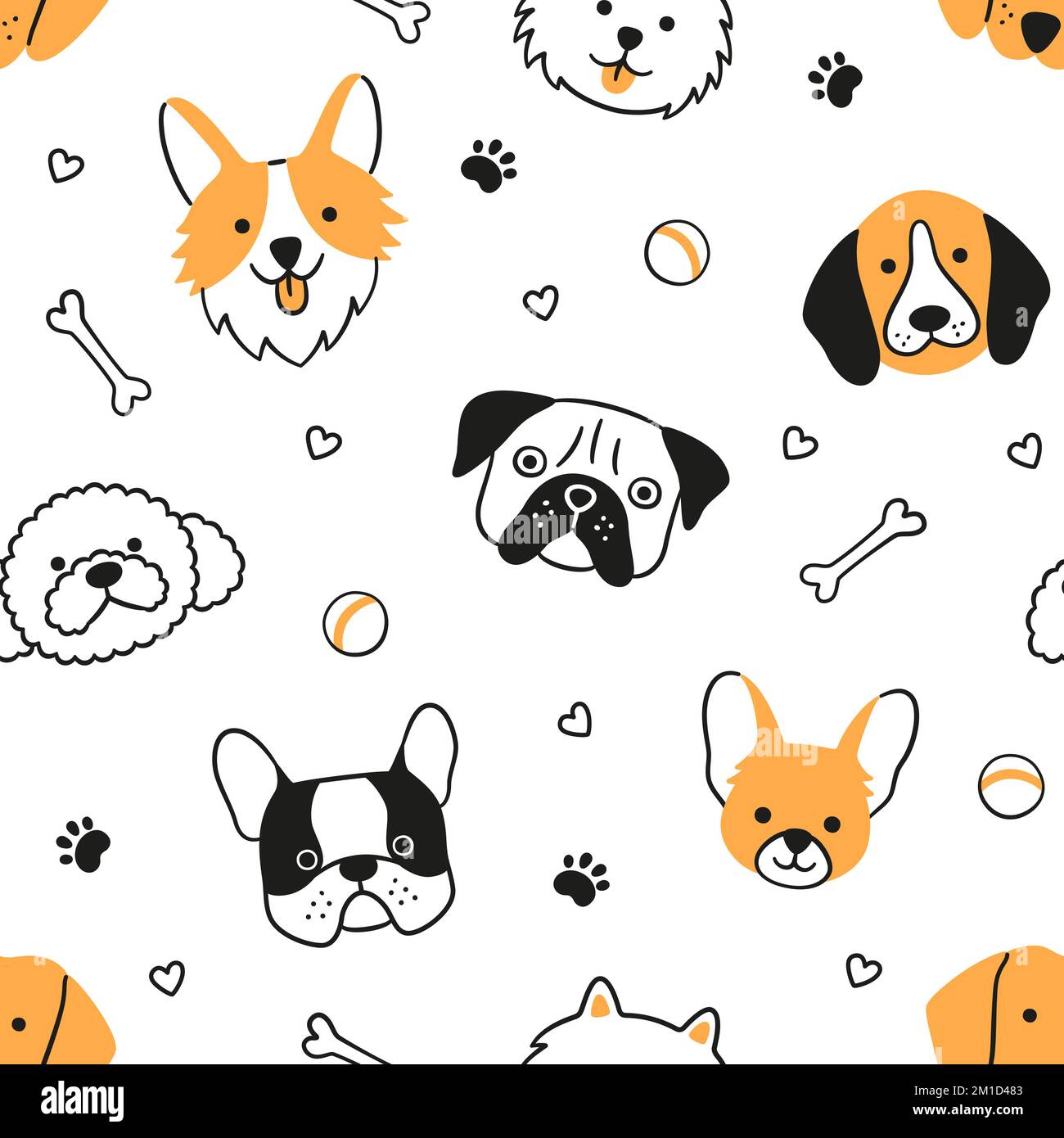 Dogs seamless pattern with face of different breeds. Corgi, Beagle ...