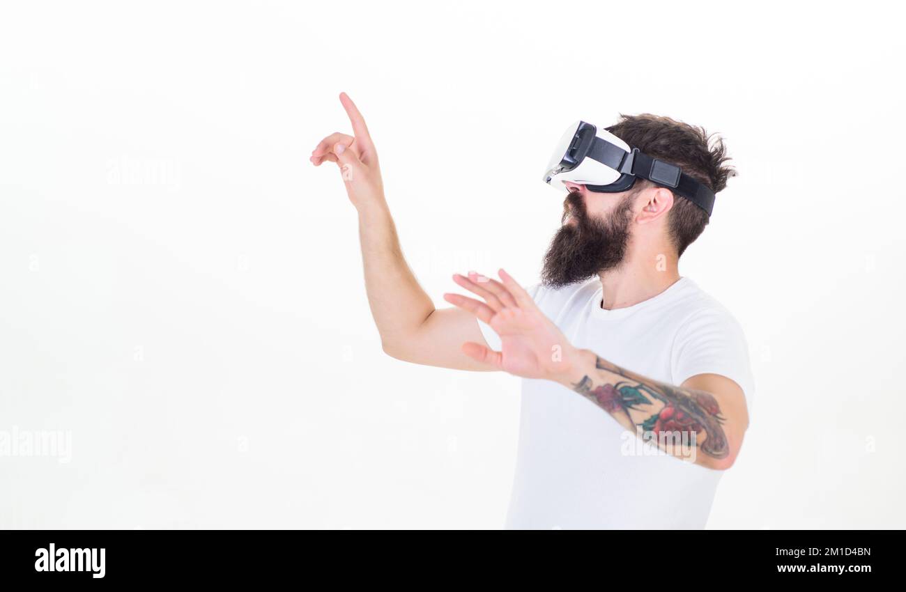 Virtual life. Man bearded hipster VR glasses white background. Interactive surface virtual ...