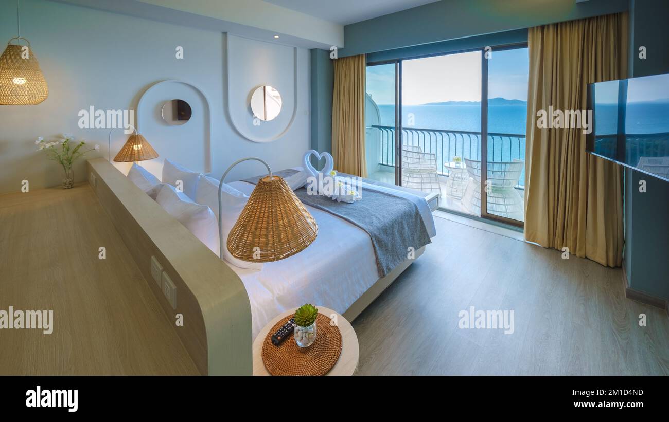 A hotel room with bright fresh colors in Bali style, minimal style ...