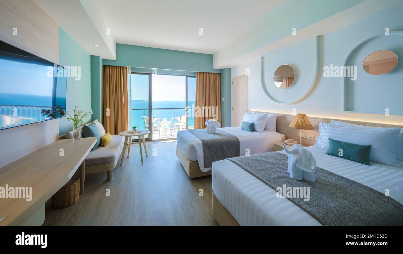 A hotel room with bright fresh colors in Bali style, minimal style ...