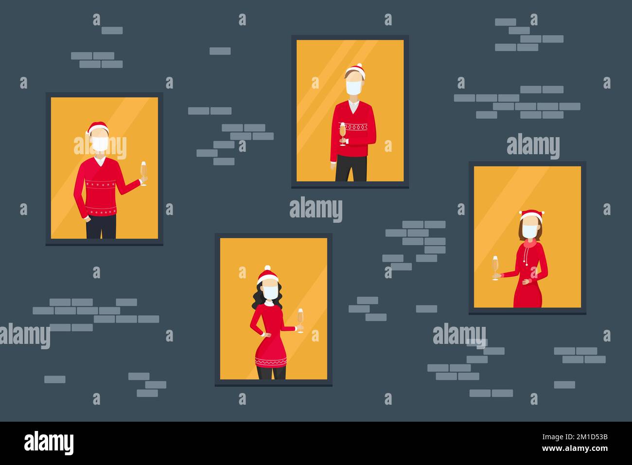 People in face masks celebrating Christmas alone and looking through ...