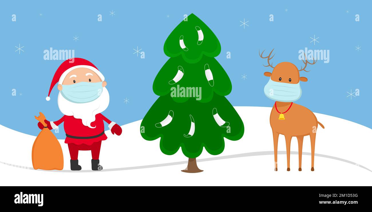 Santa Claus and reindeer in medical masks stand near Christmas tree ...