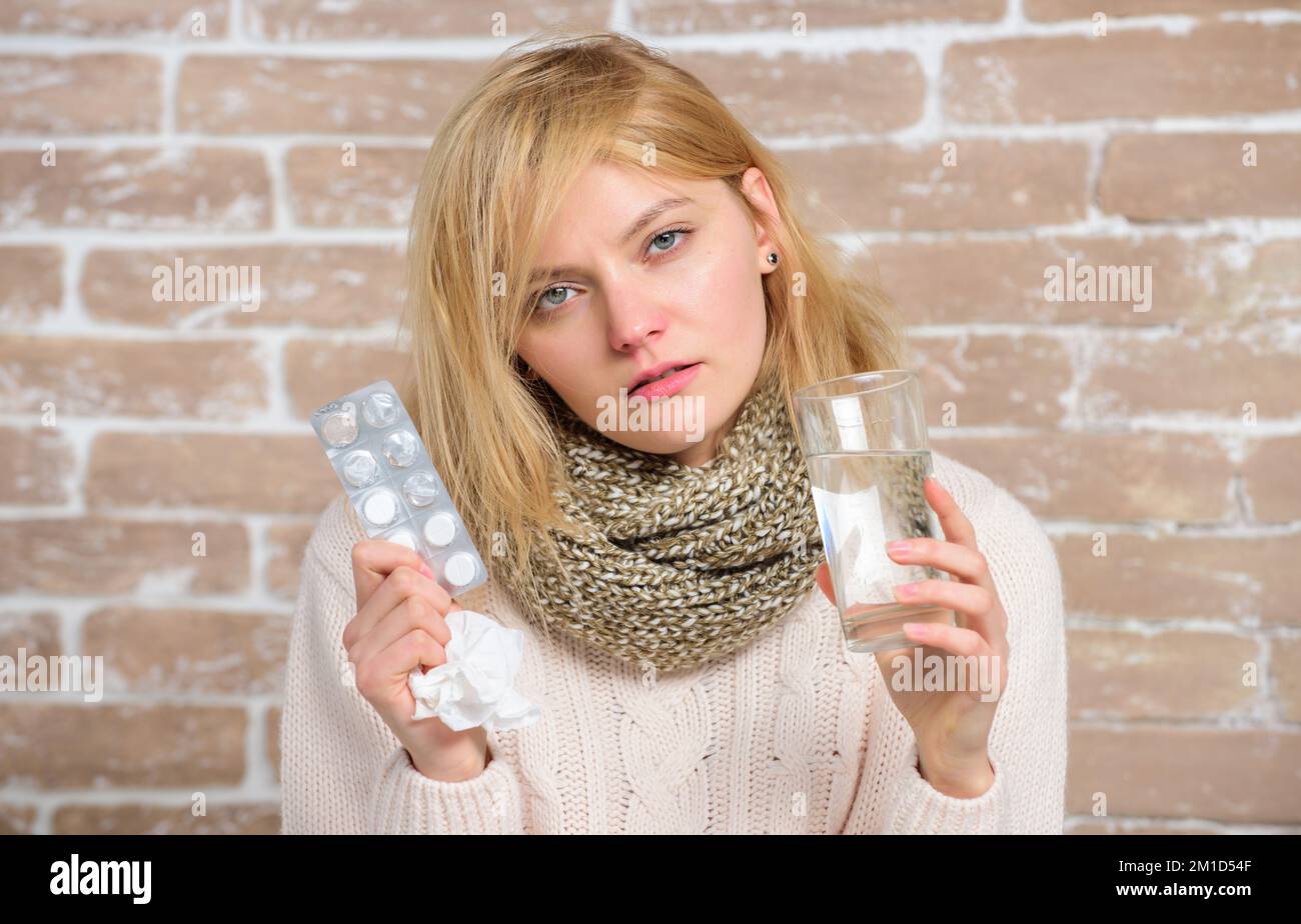 Breaking fever concept. Girl take medicine to break fever. Headache and ...