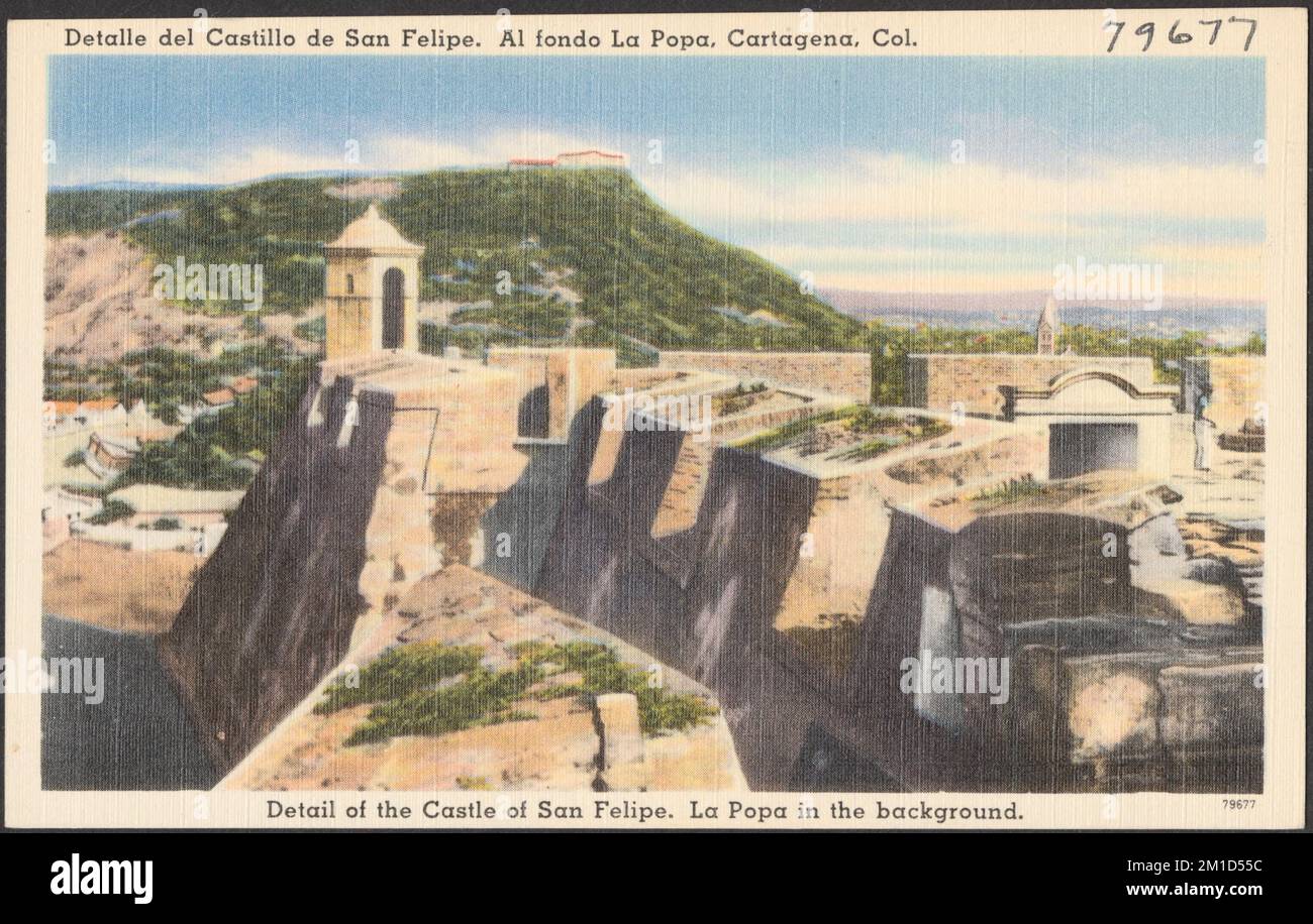 Detalle del Castillo de San Felipe. Al fondo la Popa, Cartagena, Col ...