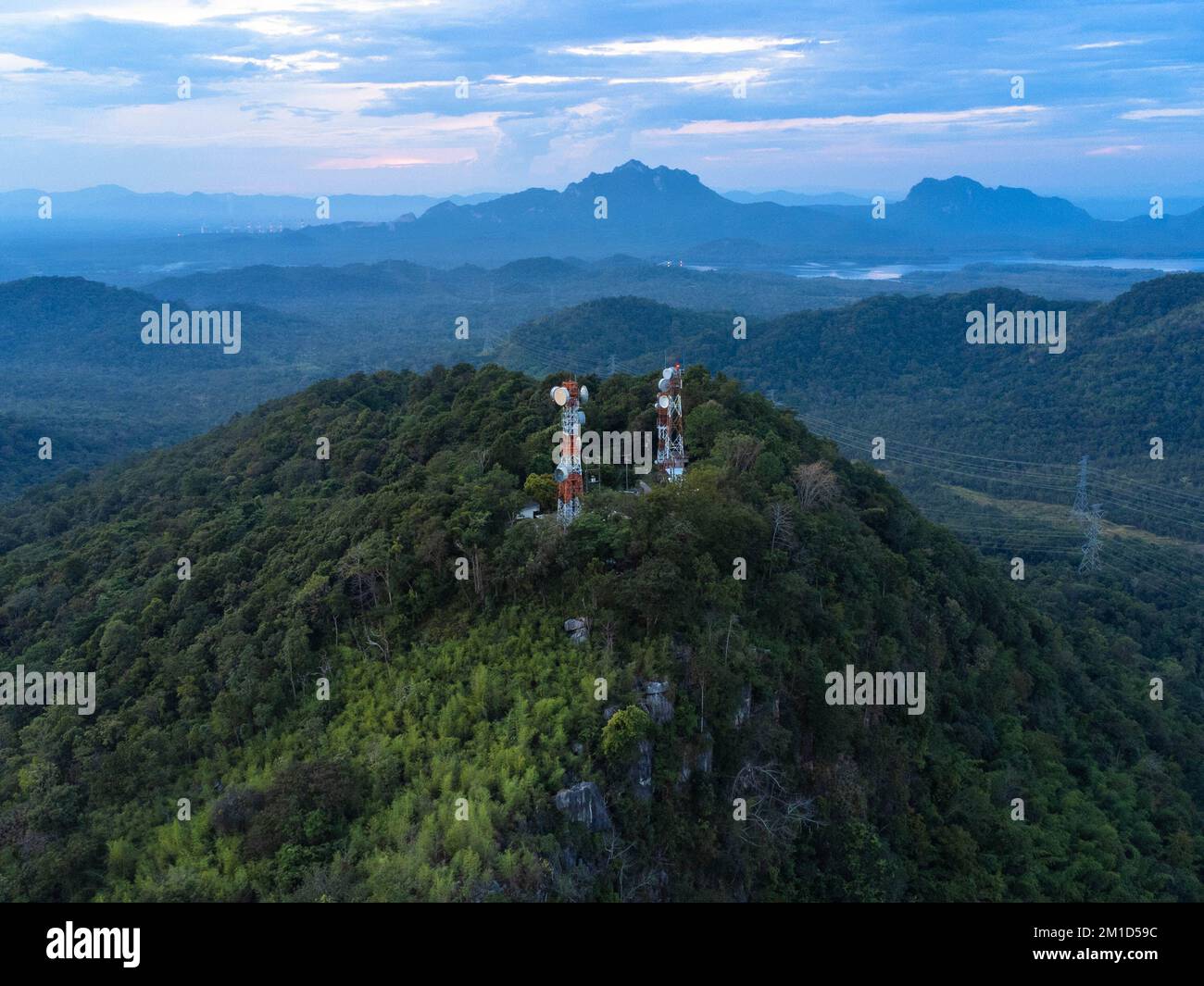 Aerial view of beautiful morning scenery with golden sunrise and fog ...