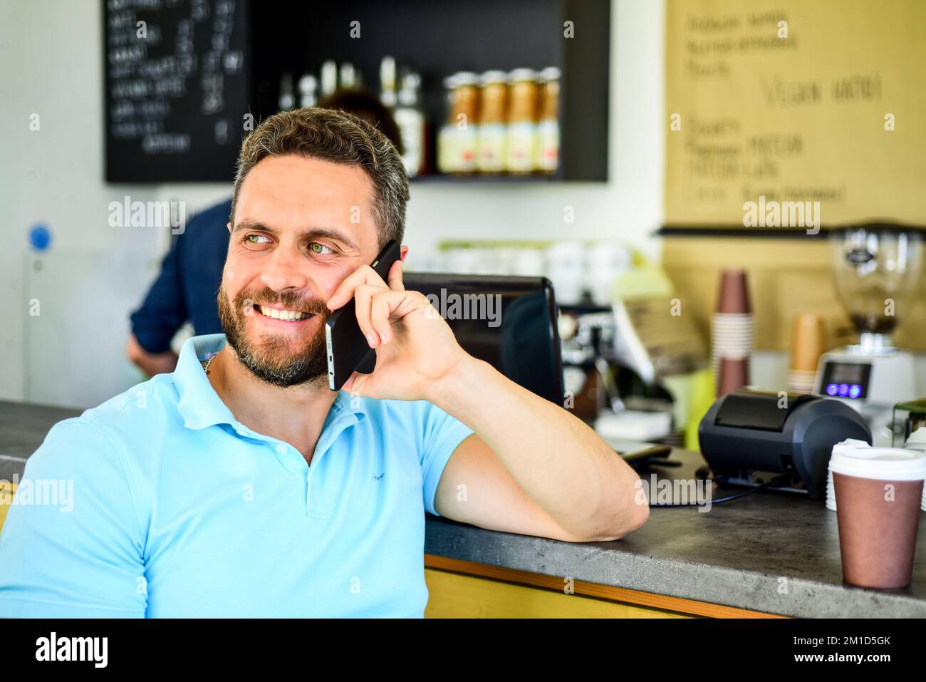 Coffee break concept. Lets meet in cafe. Man mobile conversation cafe ...