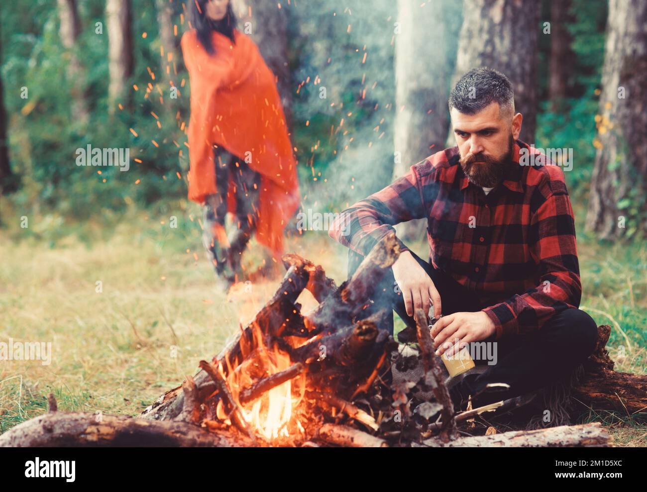 Guy with tired face and lonely at picnic, barbecue Stock Photo - Alamy