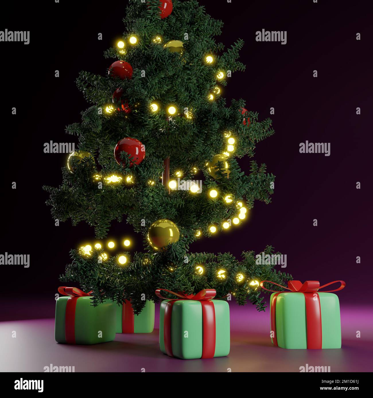A 3D rendering of a Christmas tree with gift boxes on purple background ...
