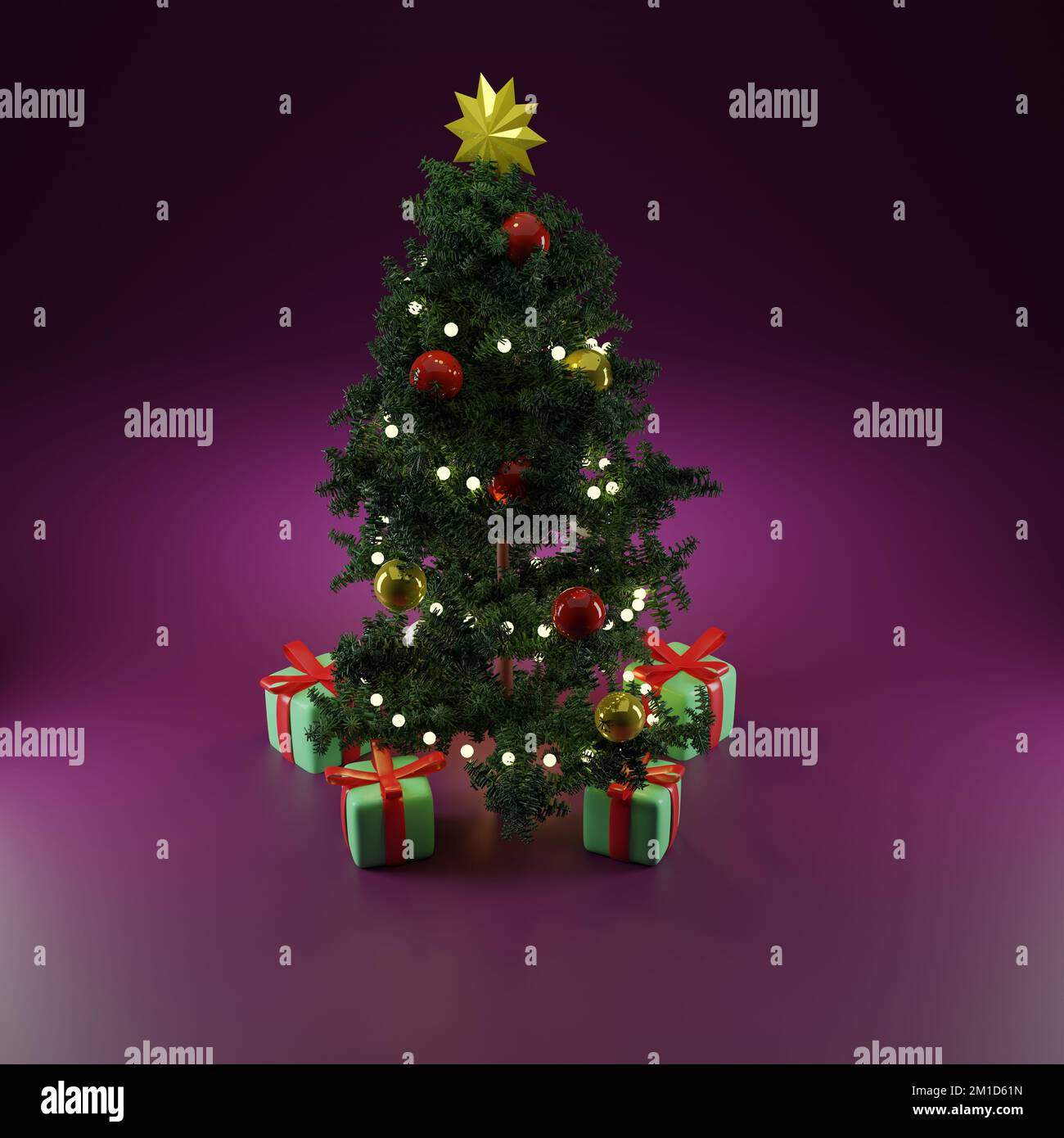 A 3D rendering of a Christmas tree with gift boxes on purple background ...