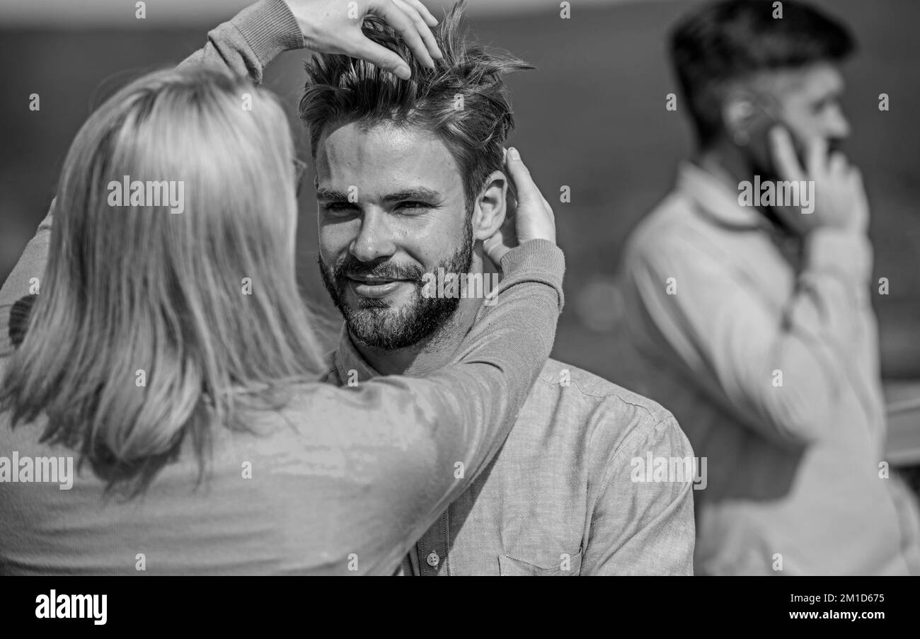 Face to face conversation advantages concept. Partners glad to see each ...