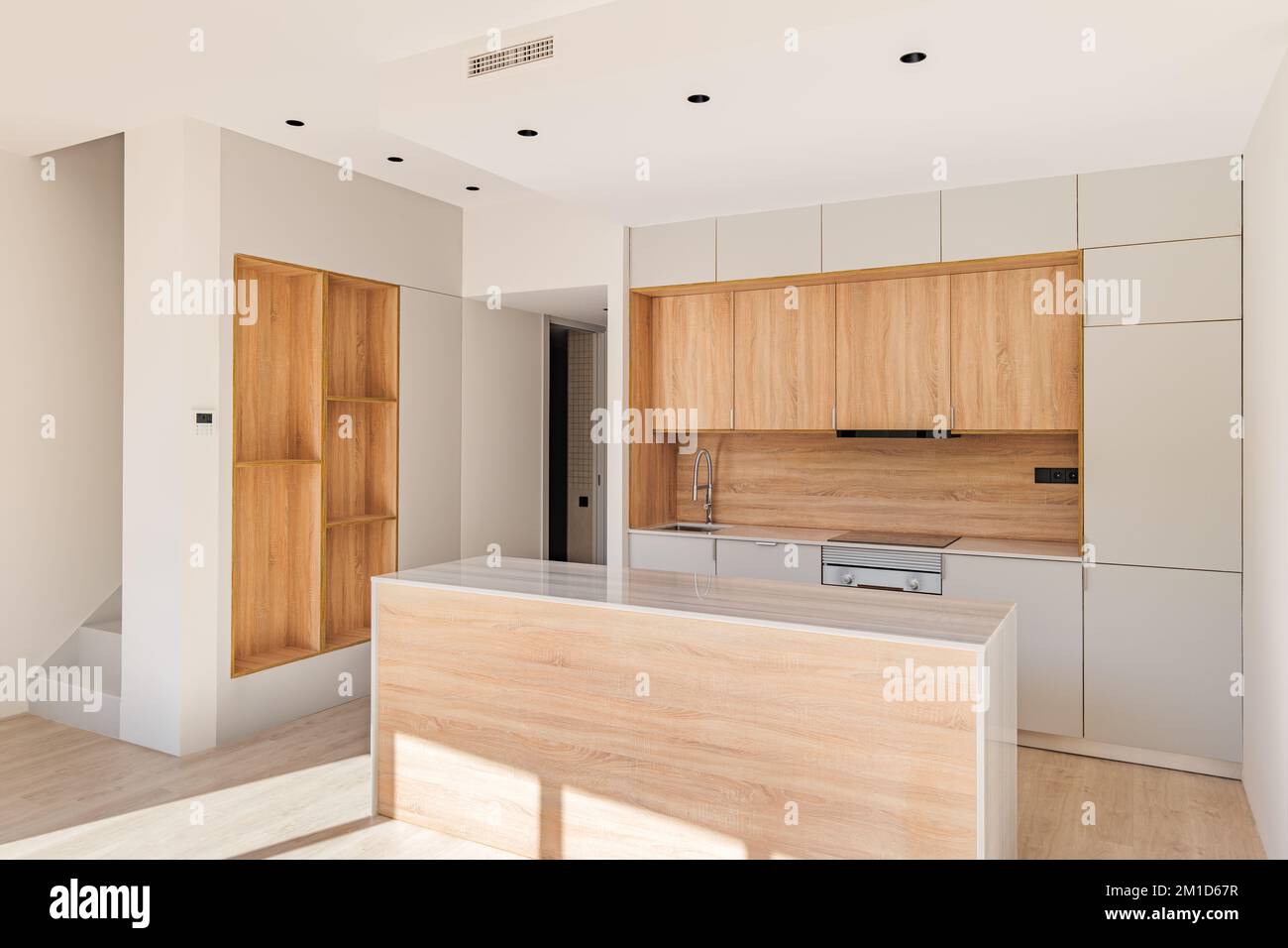 Light modular kitchen with cupboard design interior, made in white and ...