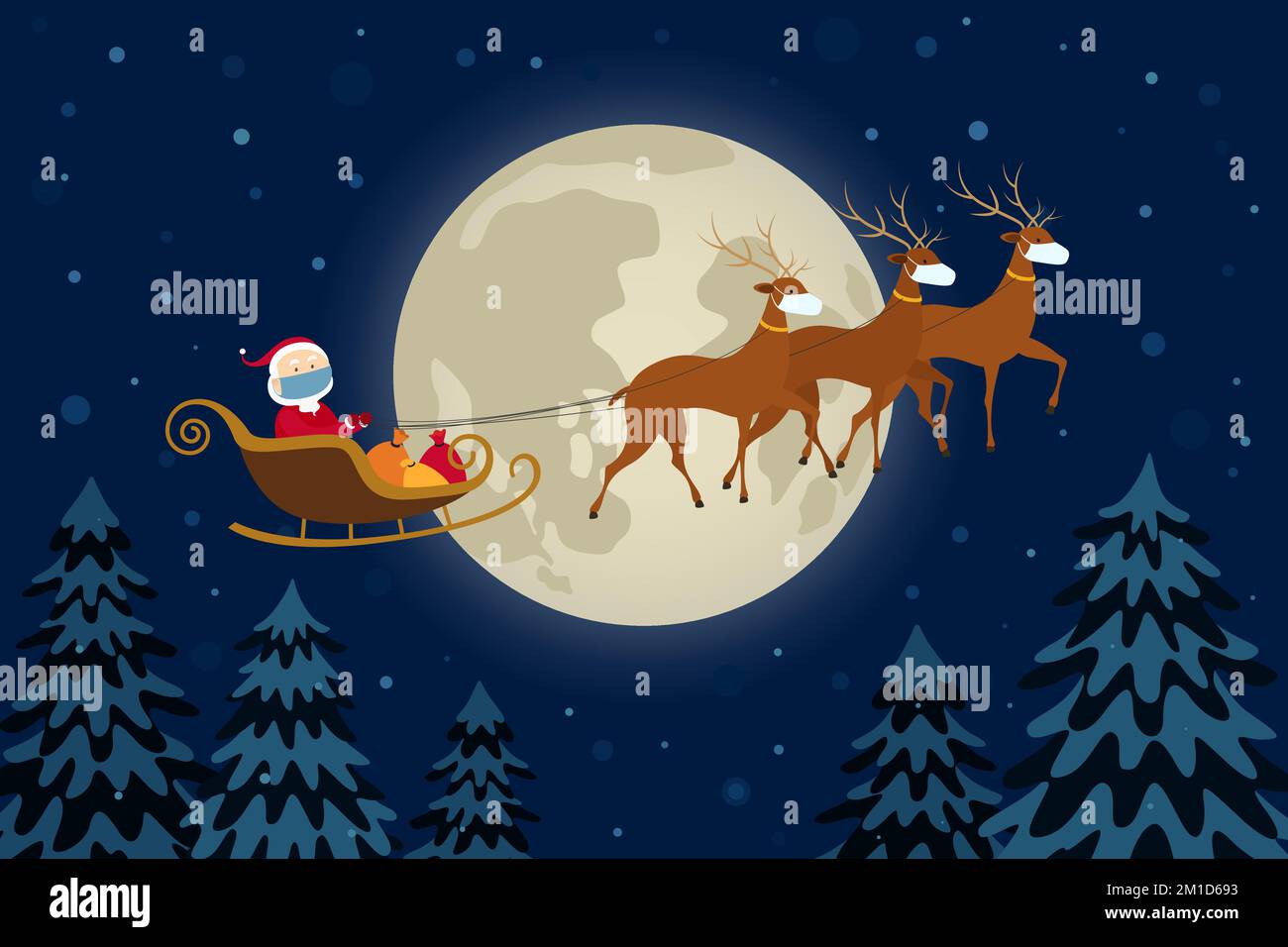 Santa Claus in face mask flying in reindeer sleigh above forest. Vector illustration Stock ...