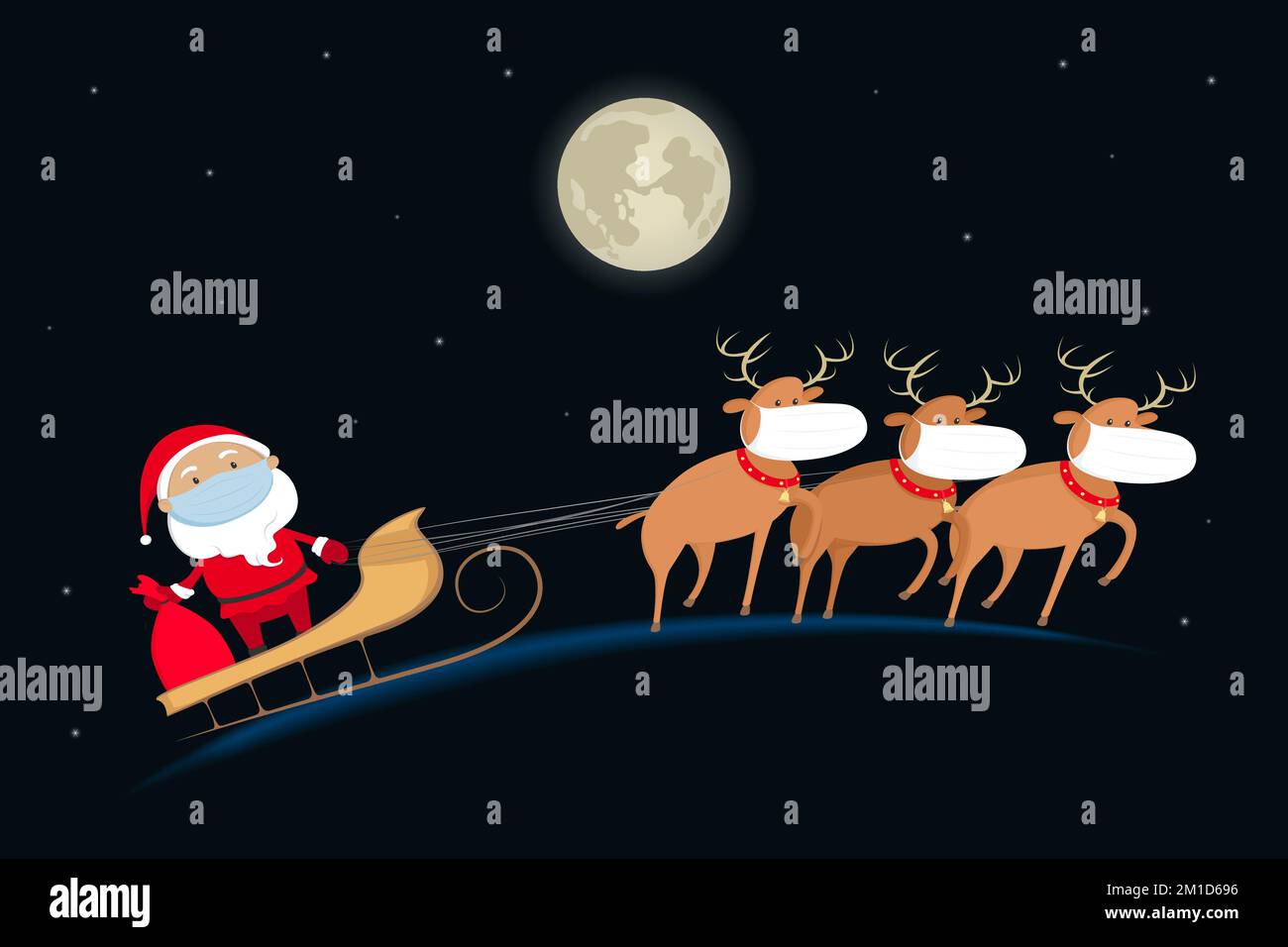 Santa Claus in medical mask flying on reindeer sled. Cartoon style ...