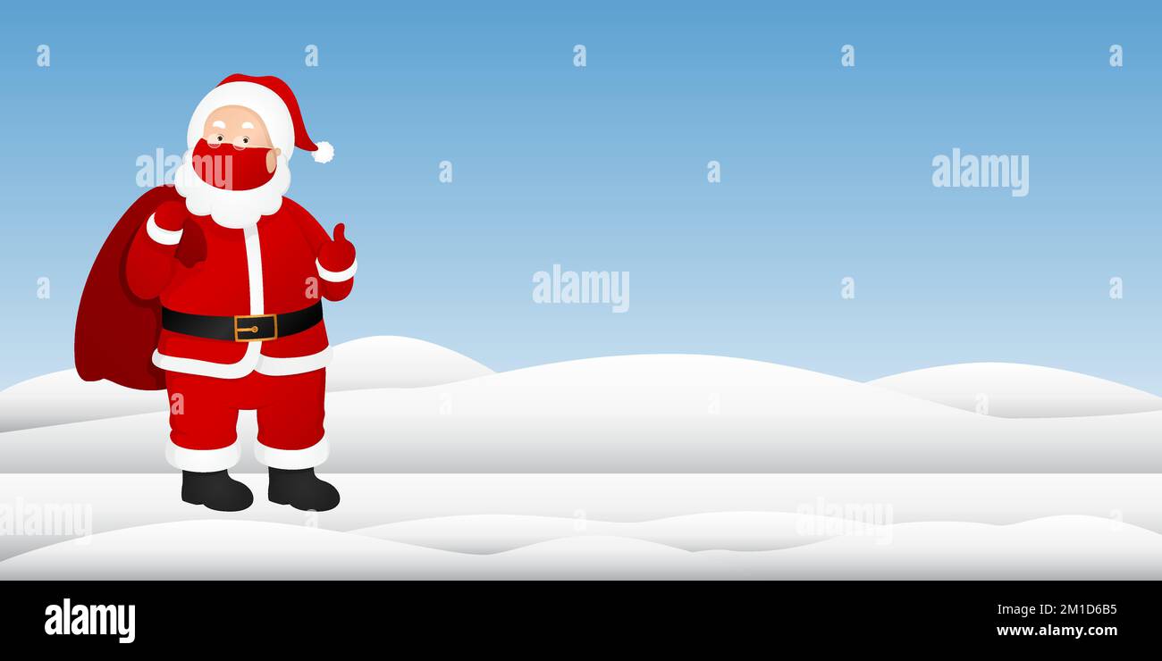 Christmas card with copy space. Santa Claus in face mask carries sack ...