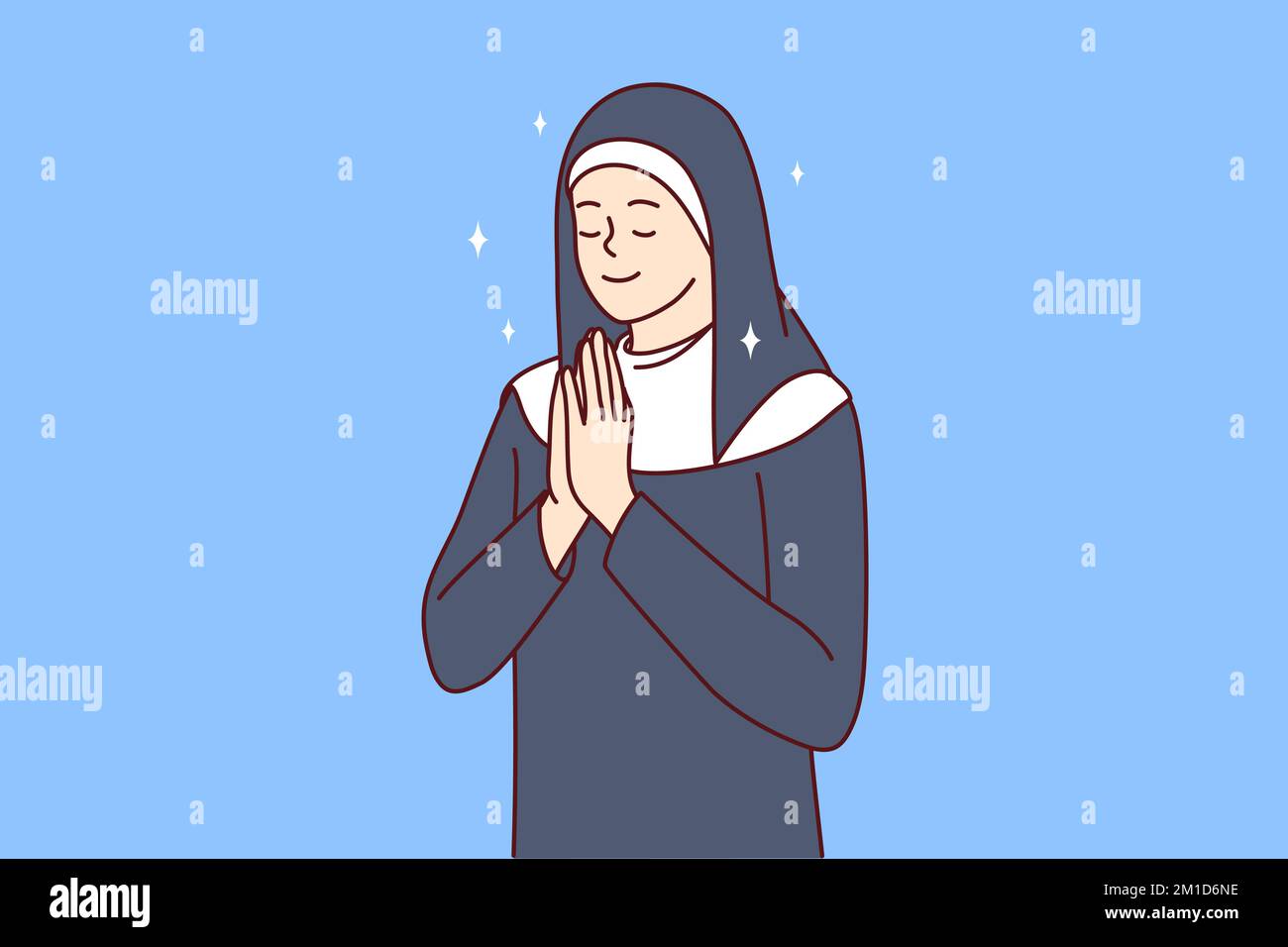 Positive woman in clothes of catholic nun closing eyes praying turning ...