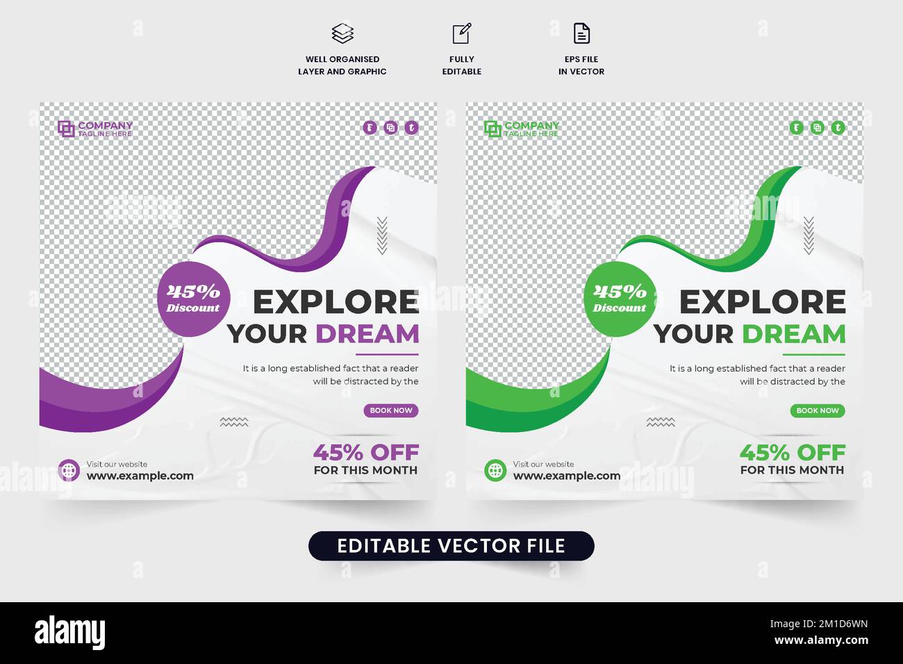 Tour and travel social media post vector with purple and green colors ...