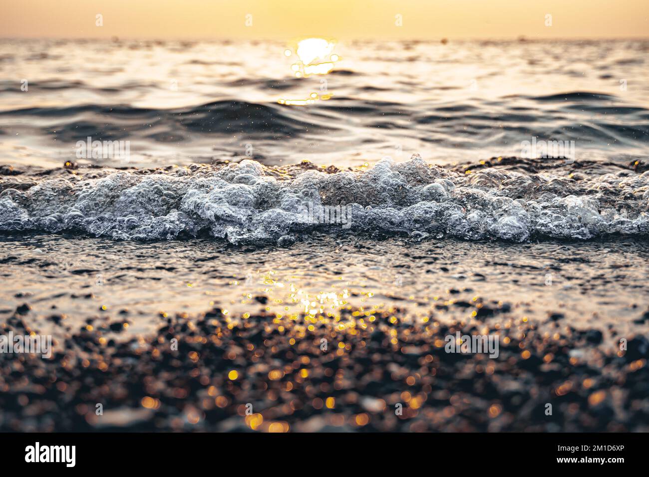 A beautiful shiny beach with foam sea waves at sunset Stock Photo - Alamy