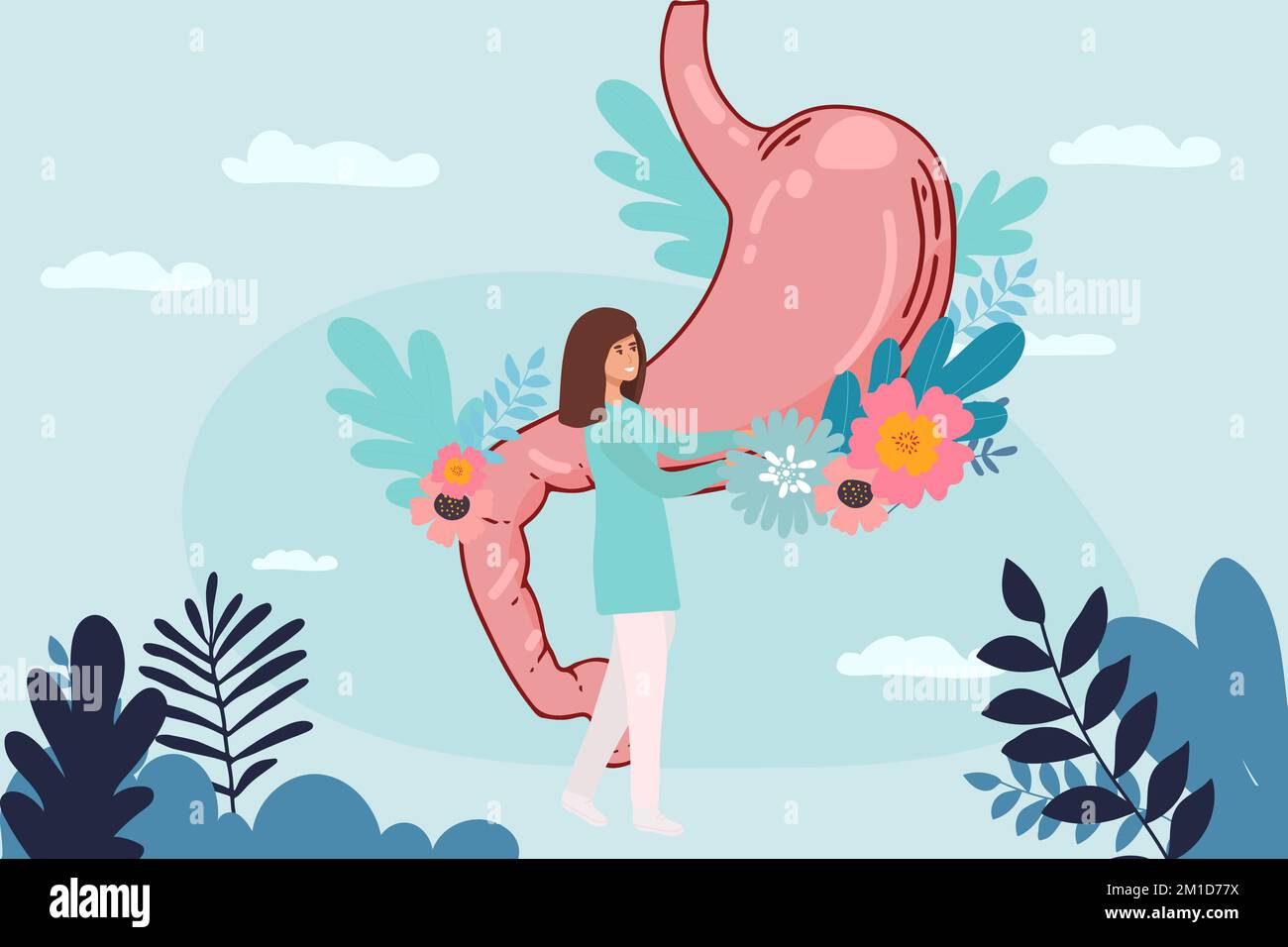 Group of doctors check up human stomach. A doctor holding magnifying ...