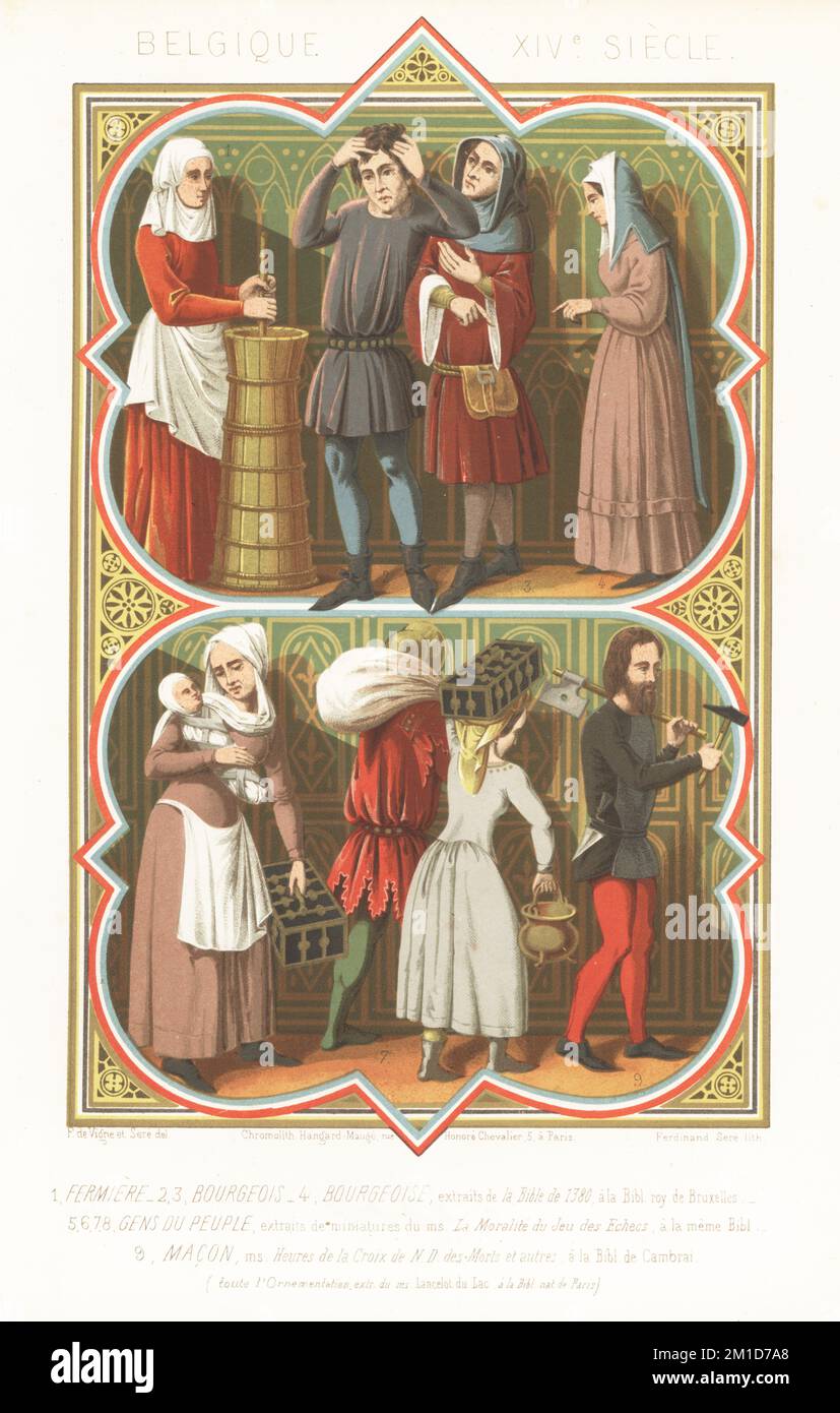 Costumes of Belgium in the 14th century. A milkmaid churning butter 1 ...