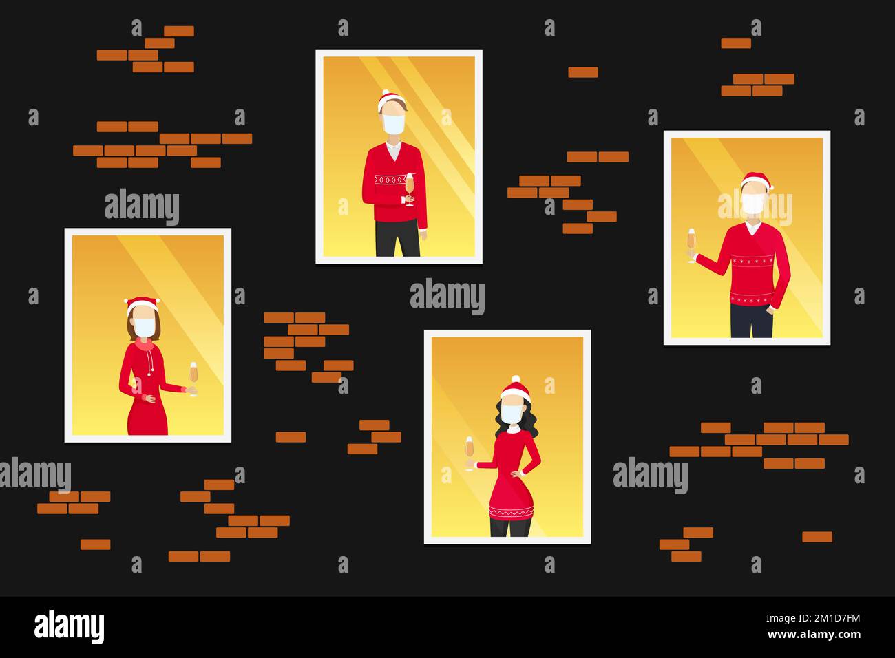 People in face masks drinking champagne alone and looking through ...