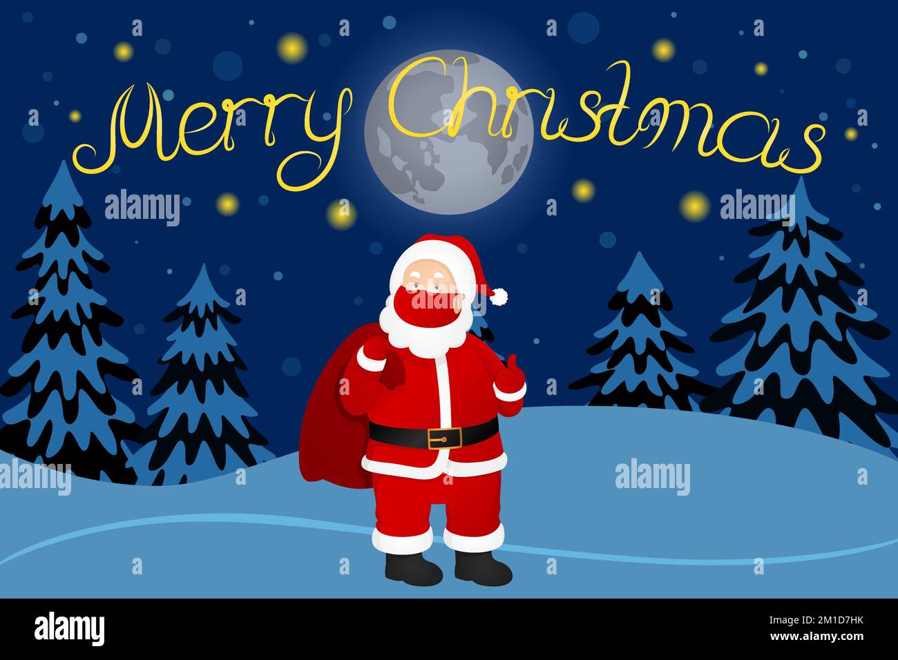 Christmas greeting card. Santa Claus in protective mask carries sack ...