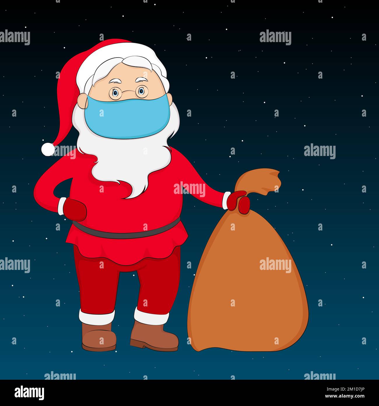 Santa Claus in medical mask hold bag with gifts. Cartoon. Vector ...