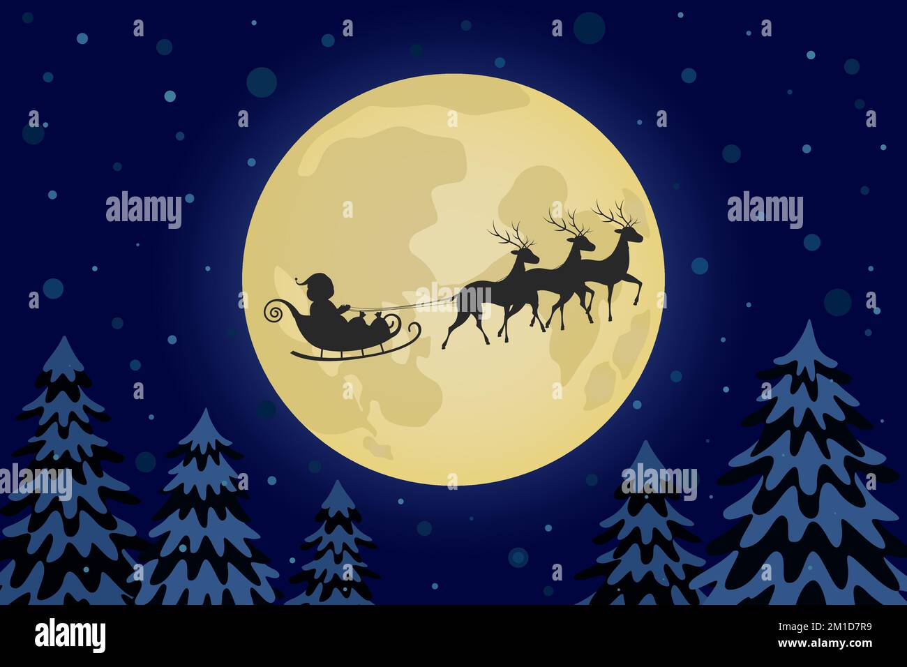 Silhouette of Santa Claus and his reindeer sleigh on full moon. Vector ...
