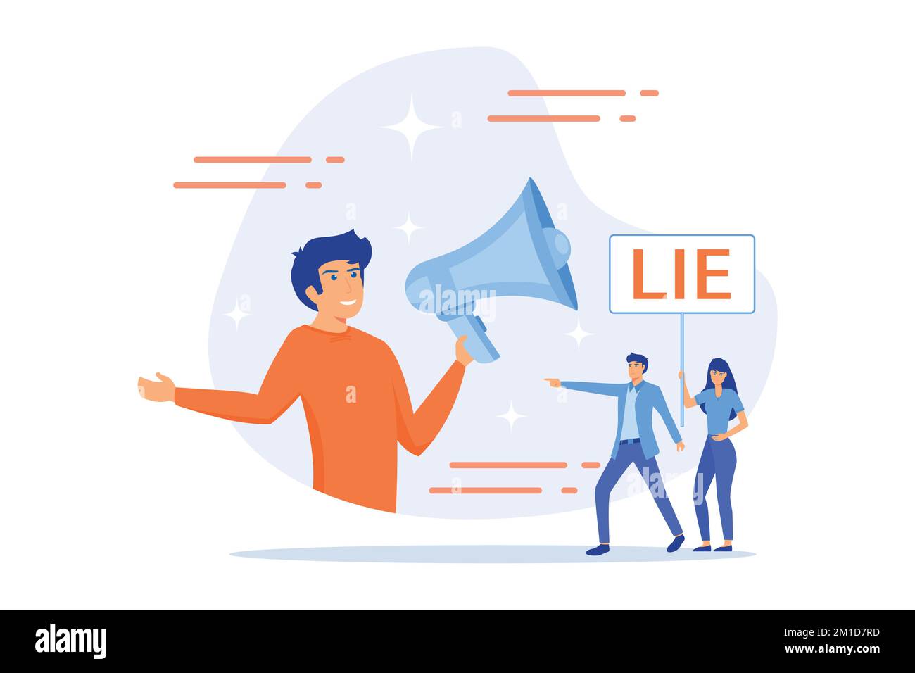 Businessman with huge megaphone cheating and tiny people holding word ...