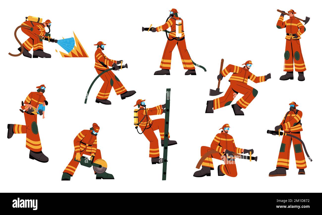 Firefighter characters. Cartoon fireman in uniform with rescue ...