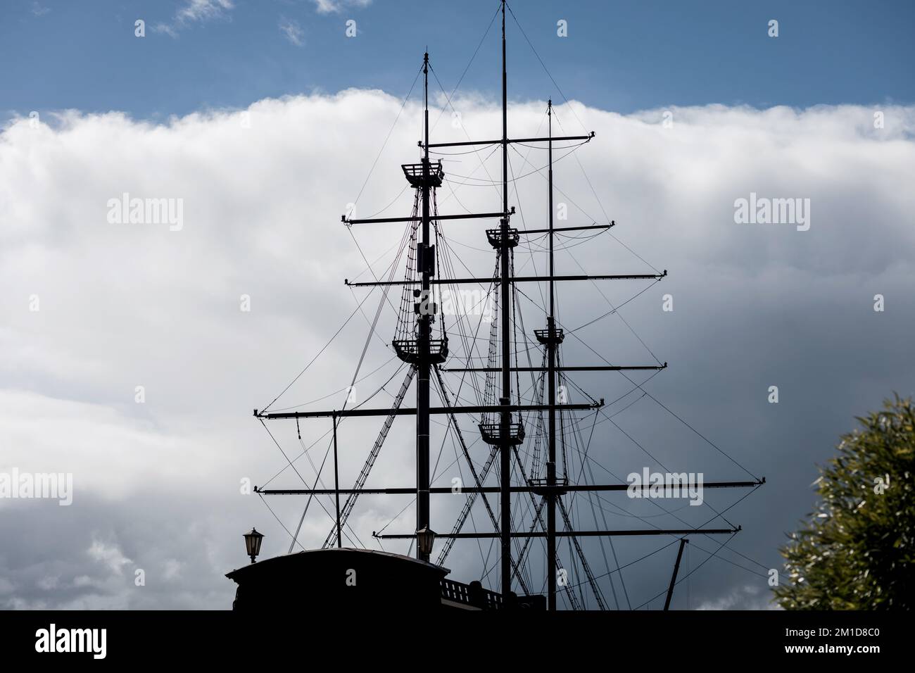 Main mast, rigging and platform of ancient sailing vessel. old wooden ...