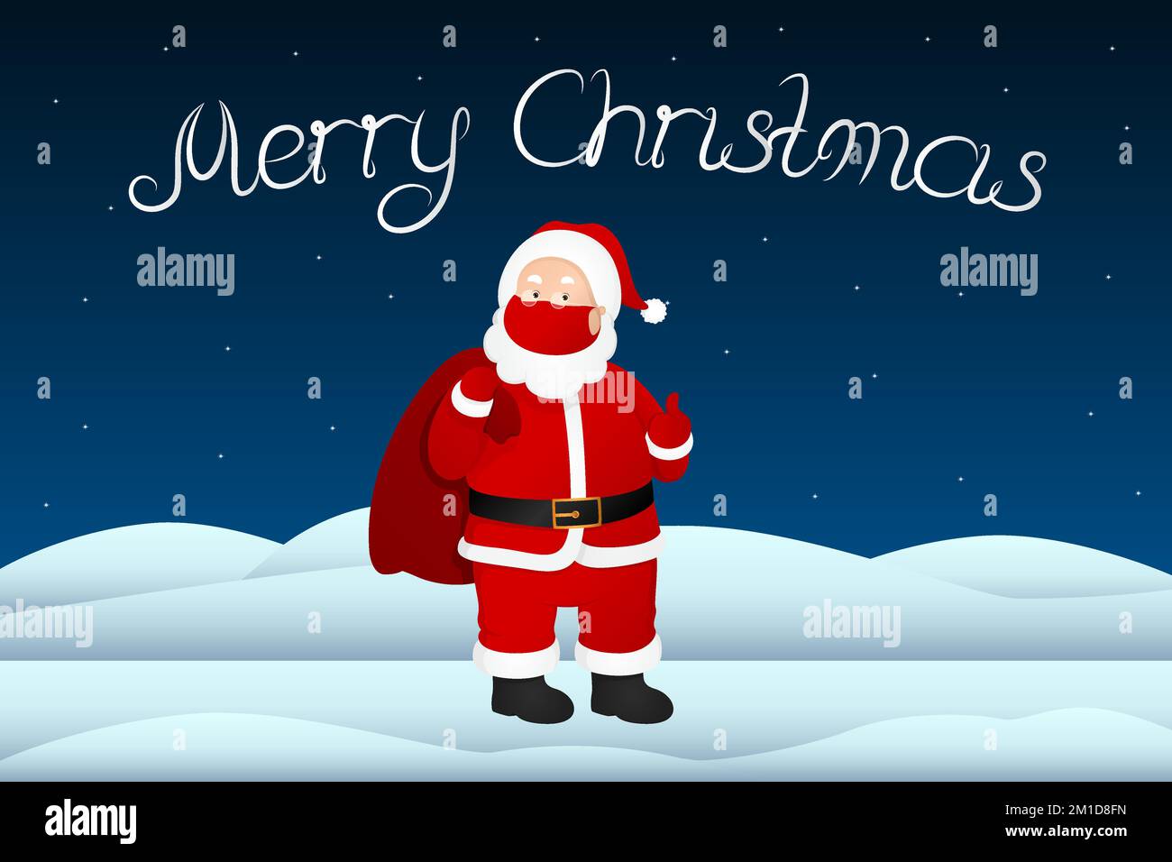 Christmas greeting card. Santa Claus in face mask carries sack with ...