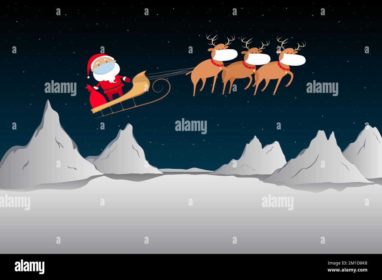 Santa Claus in medical mask flying on reindeer sled. Vector ...