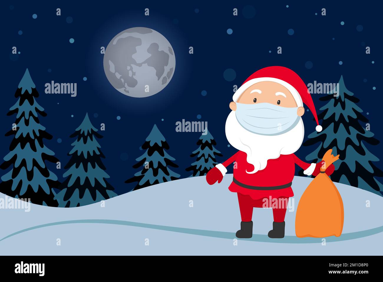 Santa Claus in medical mask standing in night forest. Cartoon. Vector ...