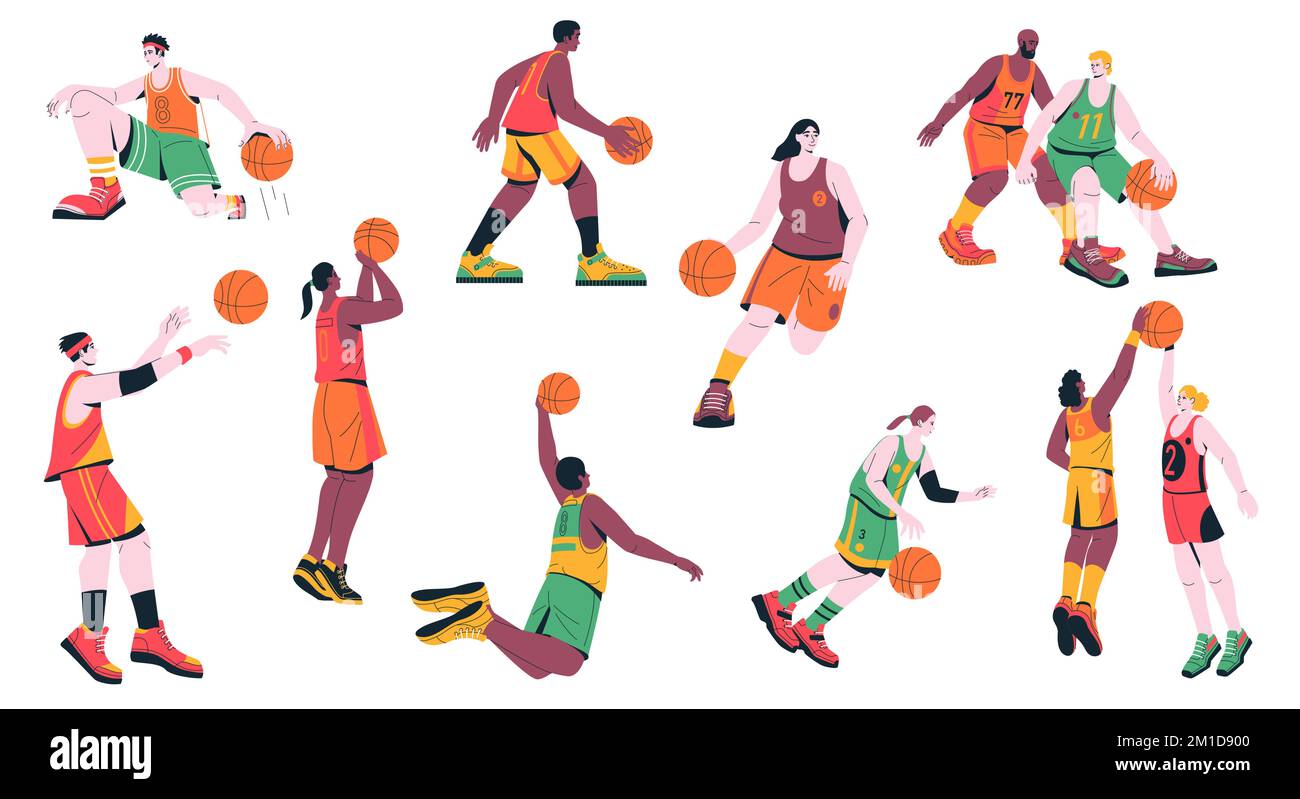 Basketball players. Cartoon male and female characters playing sport ...