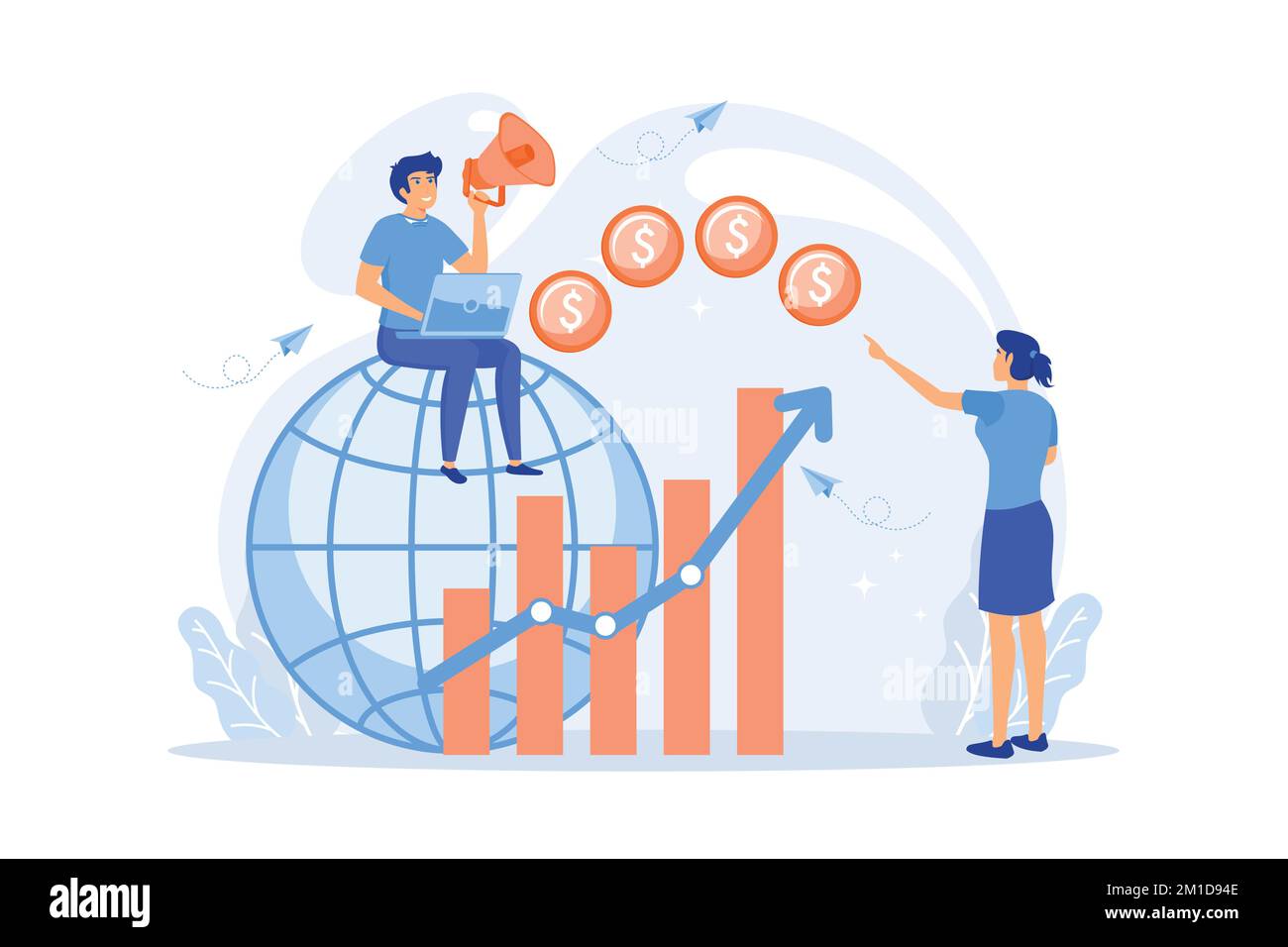 Economist with megaphone, economic growth column and market productivity chart. Economic ...