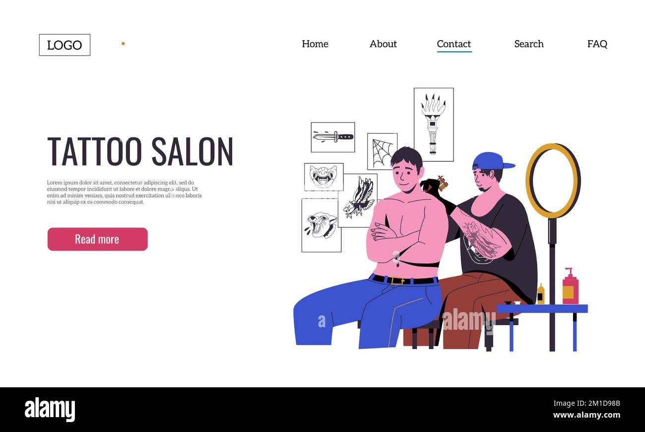 Making tattoo landing. Cartoon professional tattooist with ink needle ...