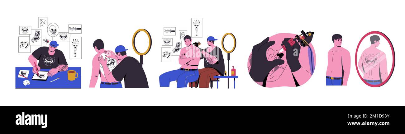 Tattoo artist at work. Cartoon professional ink master character ...