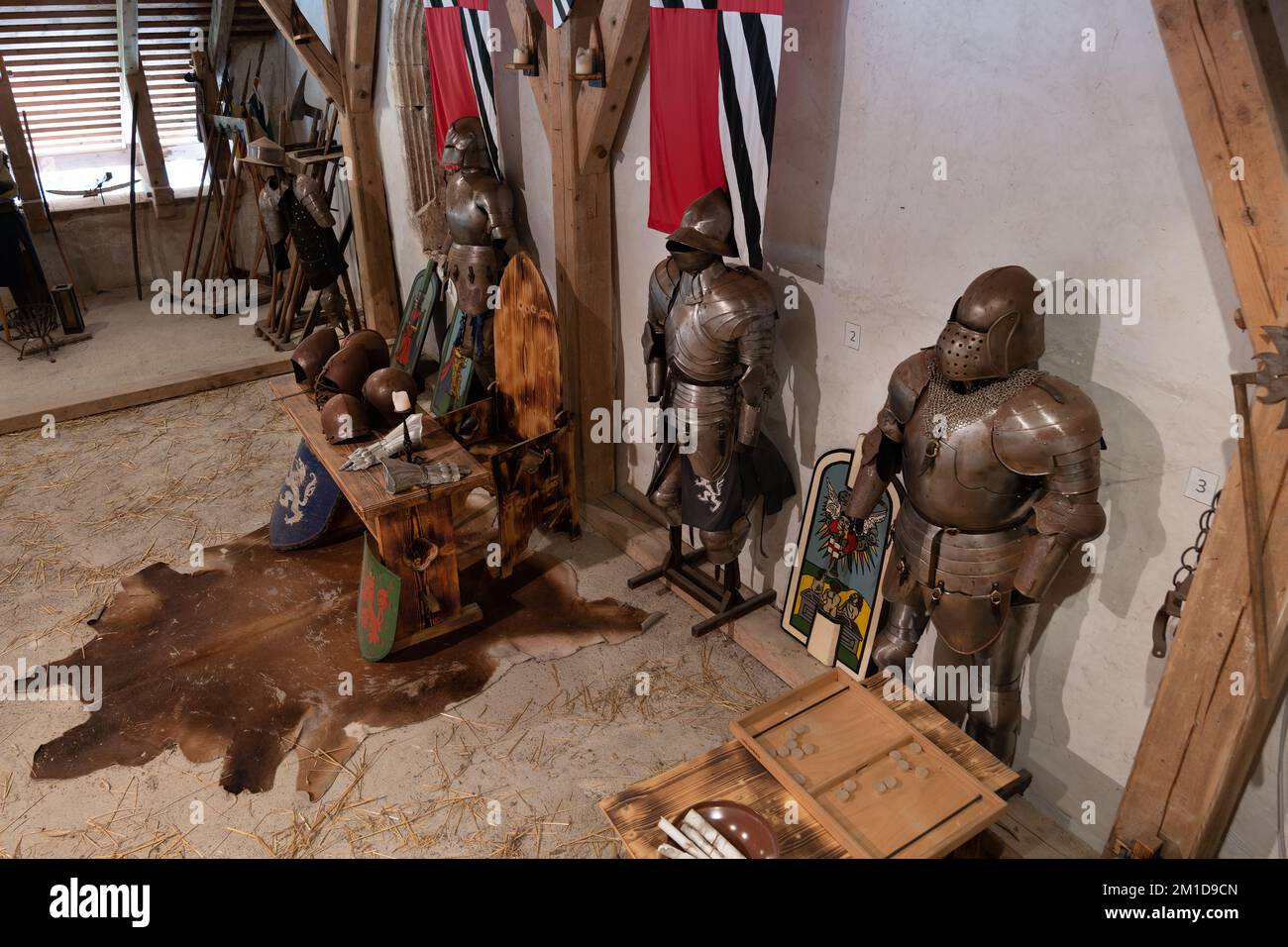 Predjama Castle interior, Slovenia, medieval armoury room with full ...